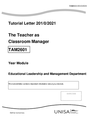 Tam2601 study guide Teacher as a manager - University of South Africa ...