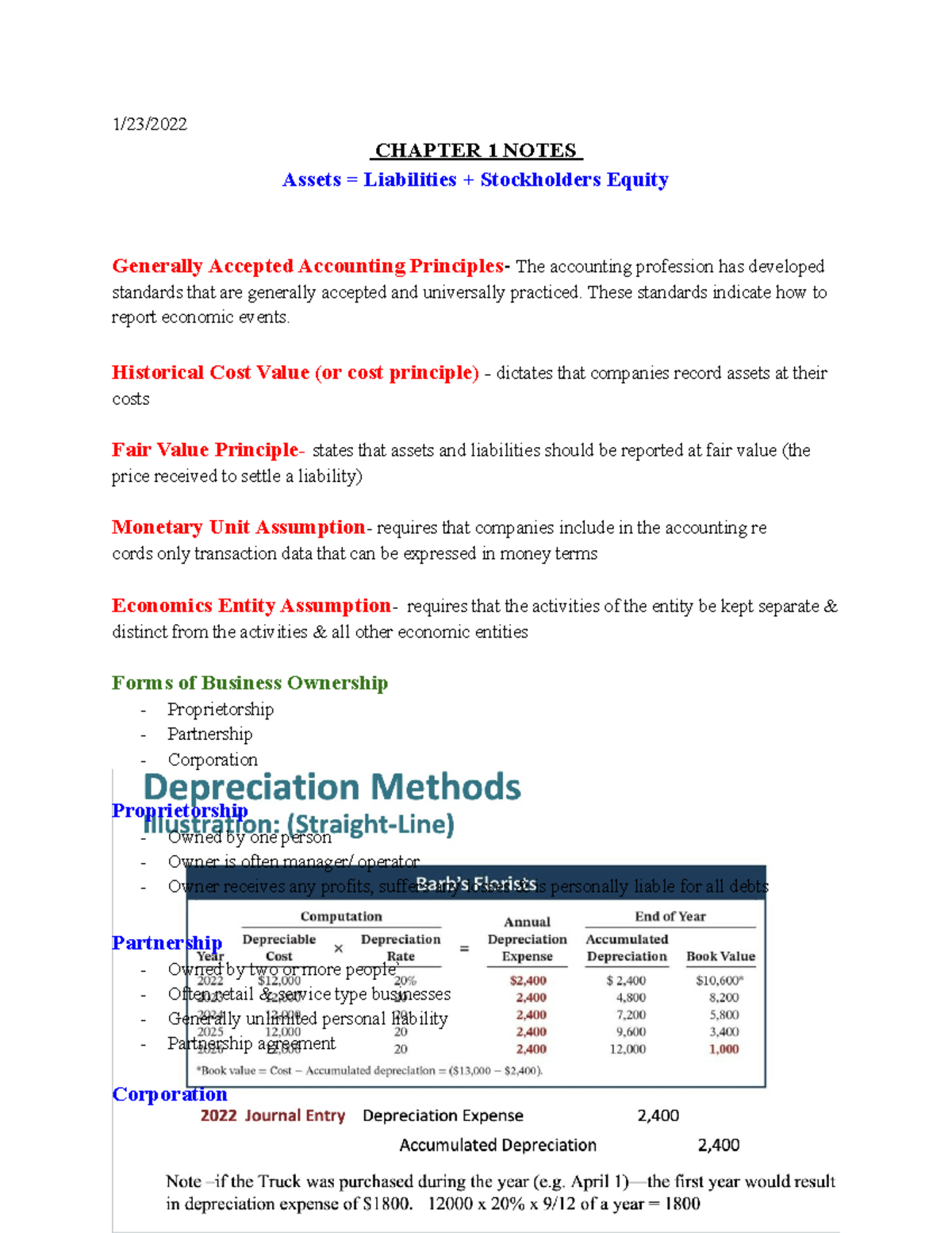 Fin. Accounting Notes - 1/23/ CHAPTER 1 NOTES Assets = Liabilities ...