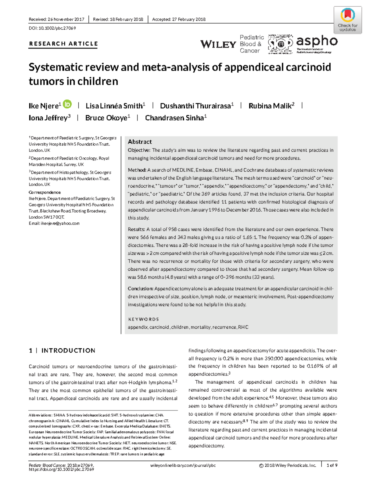 Appendix Carcinoid Tumors Syst Rev Received 26 November 2017 Revised 18 February 2018