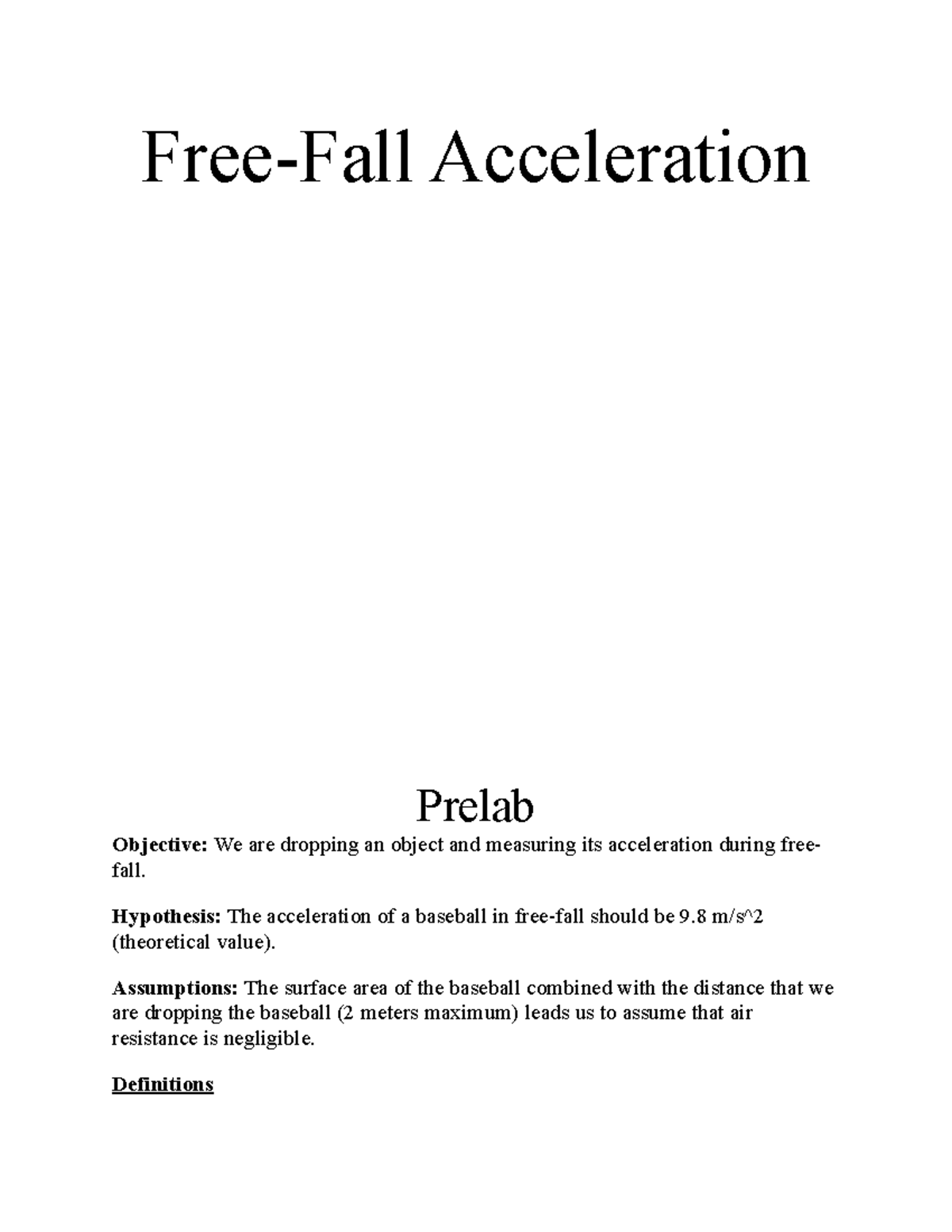 1) Free-Fall Acceleration Lab - Free-Fall Acceleration Prelab Objective ...