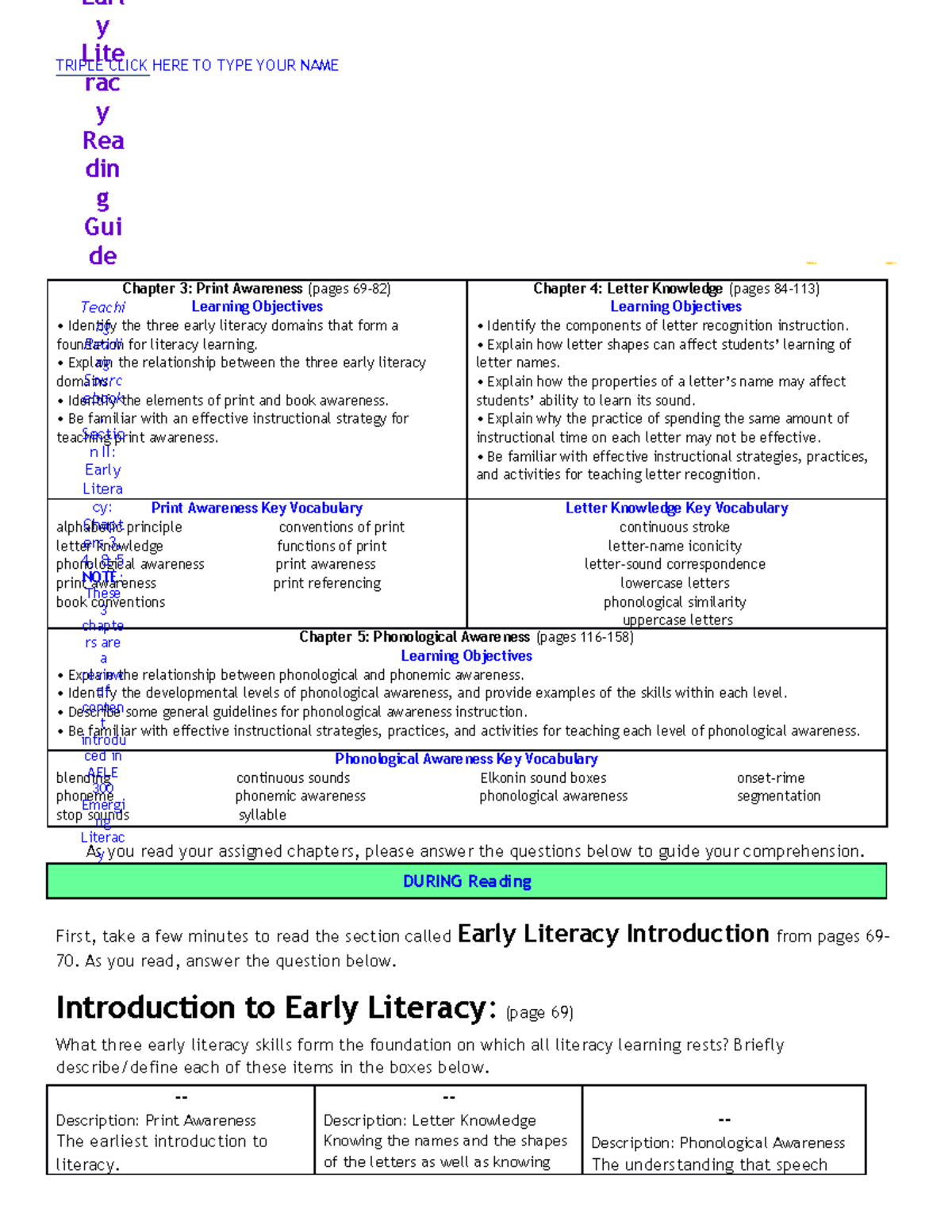 Module 2 Early Literacy Reading Guide - TRIPLE CLICK HERE TO TYPE YOUR NAME Chapter 3: Print ...