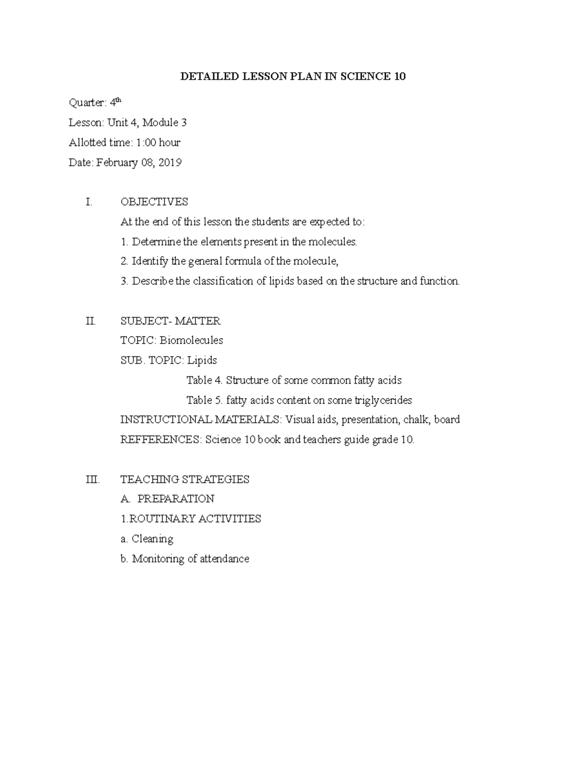 Grade 8 Science Lesson Plan - Lipids - DETAILED LESSON PLAN IN SCIENCE ...