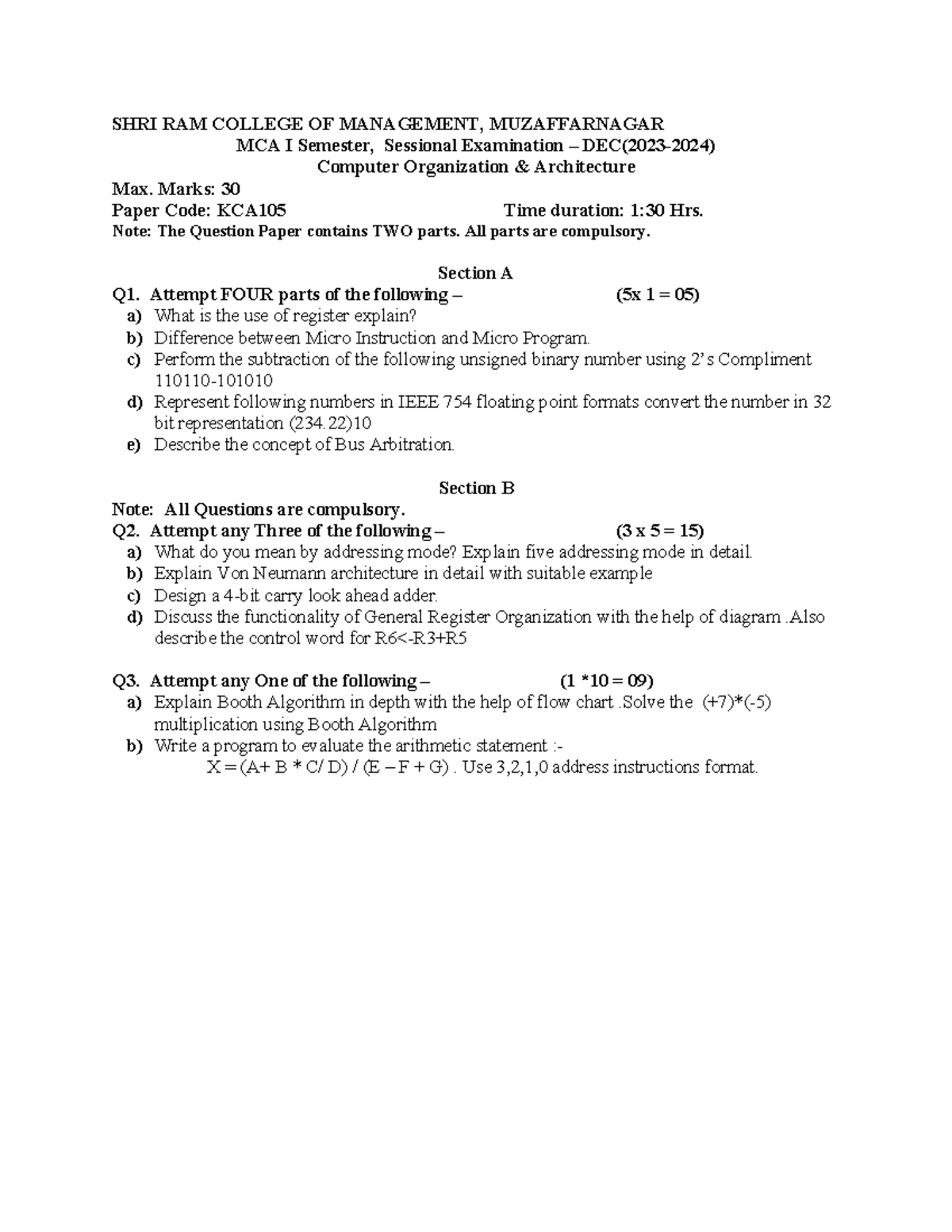 Question Paper of MCA - SHRI RAM COLLEGE OF MANAGEMENT, MUZAFFARNAGAR ...