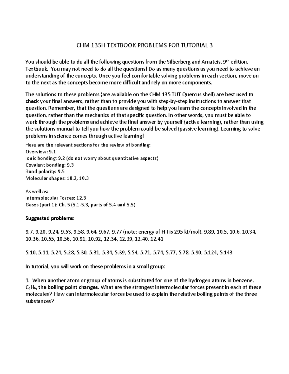 Tutorial 3-1 - CHM 135H TEXTBOOK PROBLEMS FOR TUTORIAL 3 You should be ...
