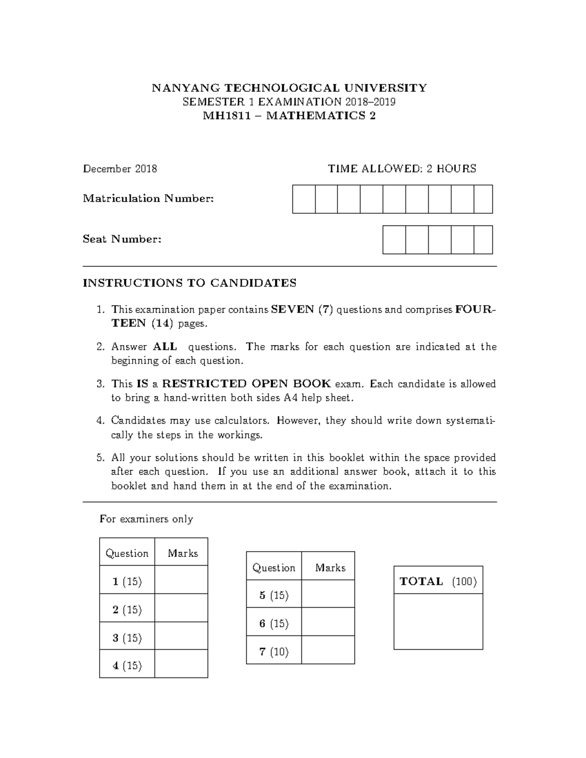 MH1811 1819 Sem 1 Solutions - NANYANG TECHNOLOGICAL UNIVERSITY SEMESTER ...