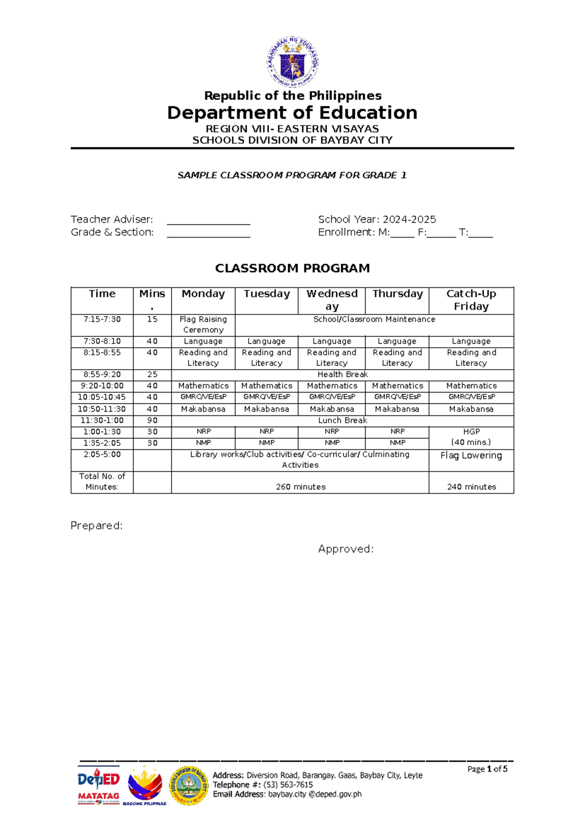 Sample Classroom and Teachers Program - Republic of the Philippines Department of Education ...