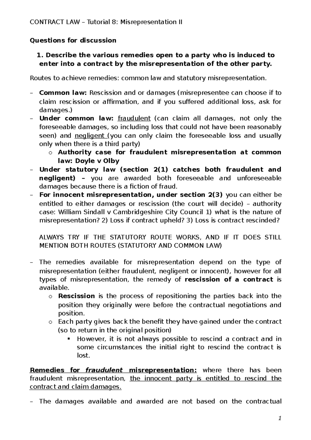 Contract Law tutorial 8 - CONTRACT LAW Tutorial 8: Misrepresentation II Questions for discussion ...