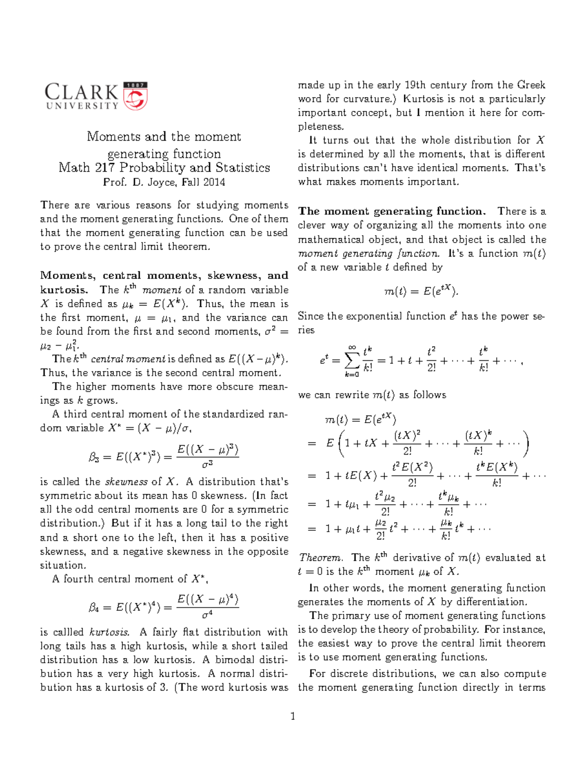 AAA moment - Moments and the moment generating function Math 217 Probability and Statistics Prof ...