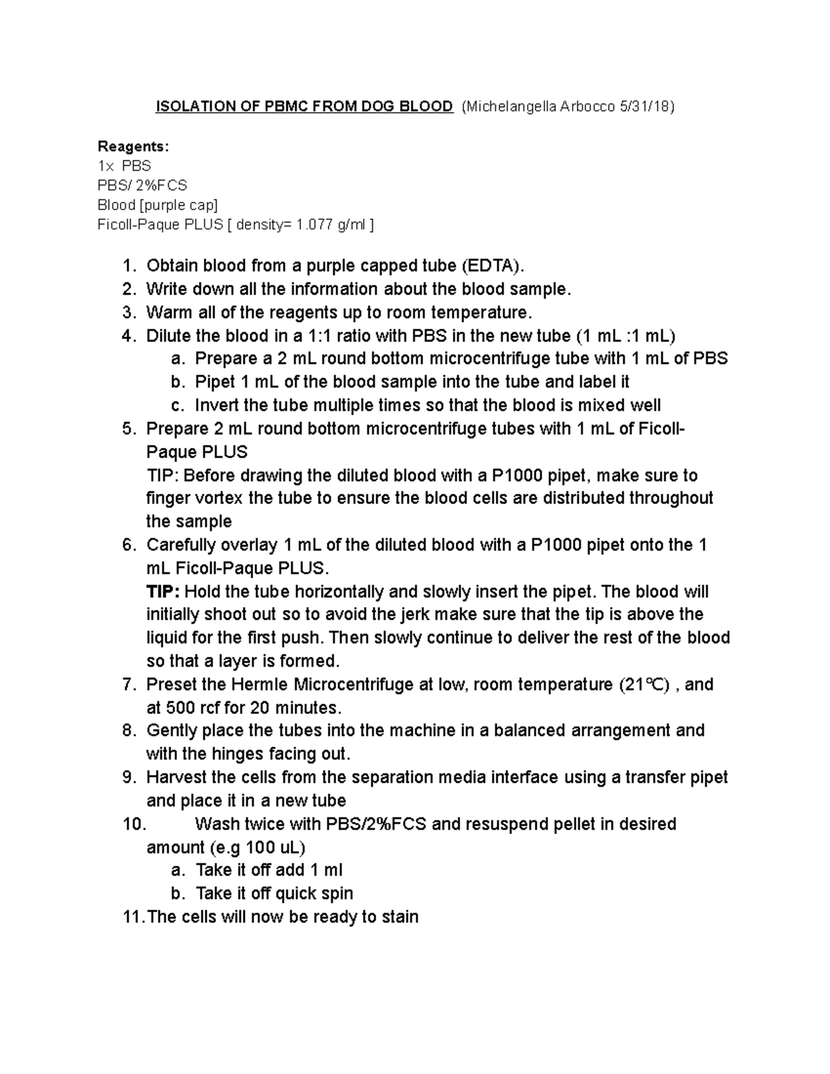 PBMC Isolation - Procedural Summary - ISOLATION OF PBMC FROM DOG BLOOD ...