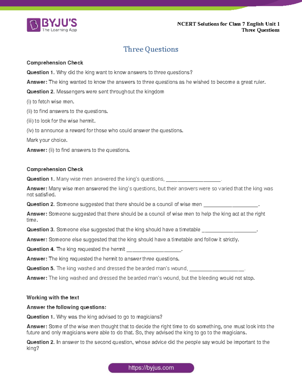 Ncert Solutions for Class 7 English Unit 1 Three Questions - Three ...