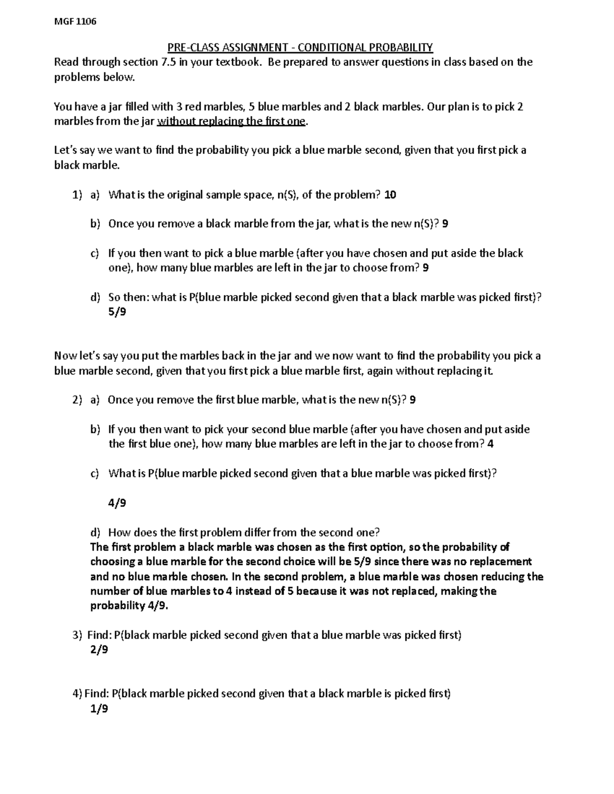 Pre-Class Week 8 (Conditional Probability) - MGF 1106 PRE-CLASS ASSIGNMENT - CONDITIONAL ...