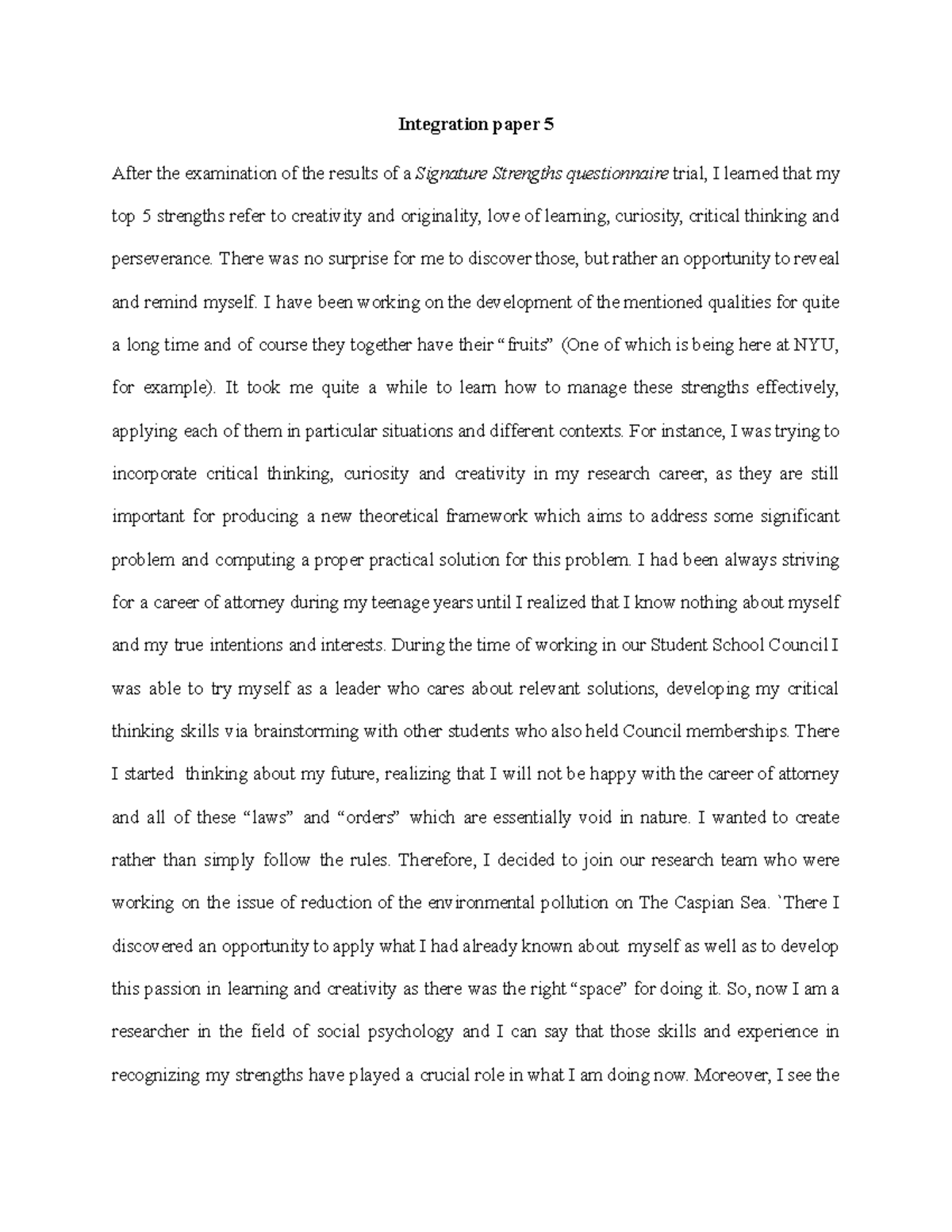 Integration paper 5 - Weekly written assignments - Integration paper 5 ...