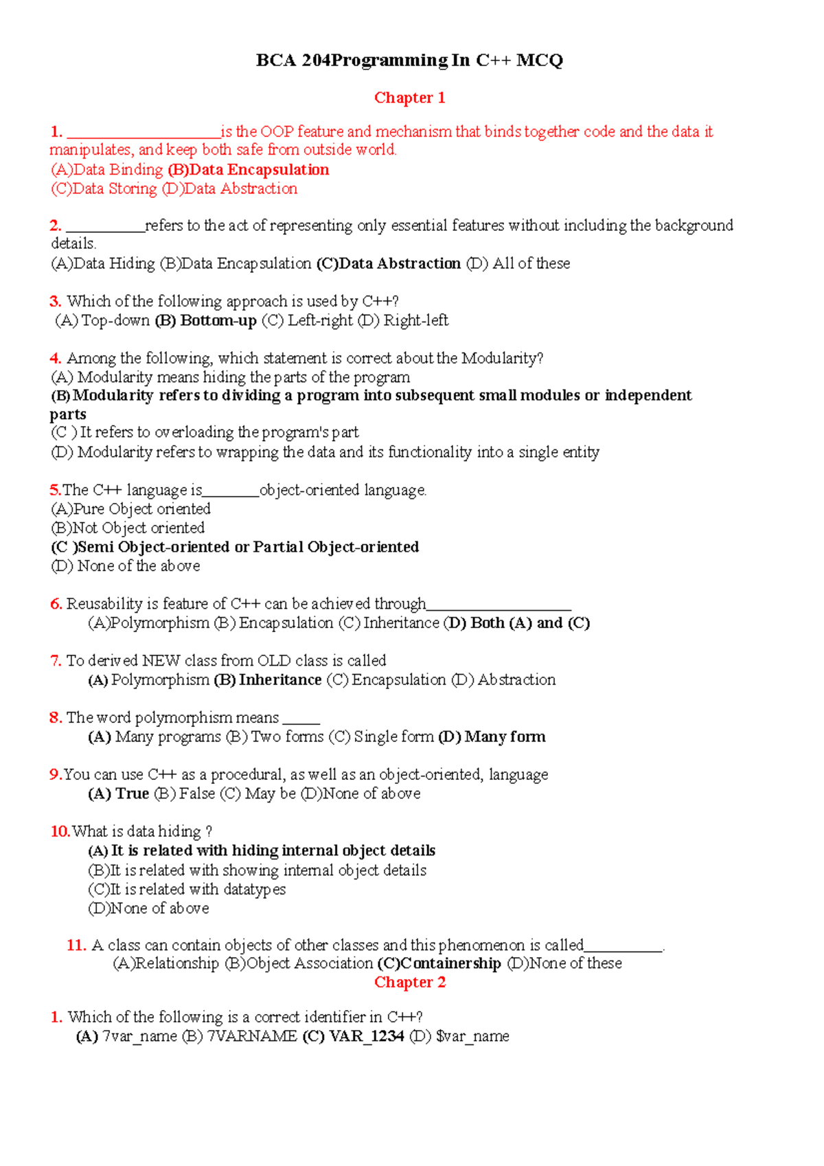 C Chapterwise Mcq C Mcqs Bca 204programming In C Mcq Chapter 1 Is The Oop Feature And