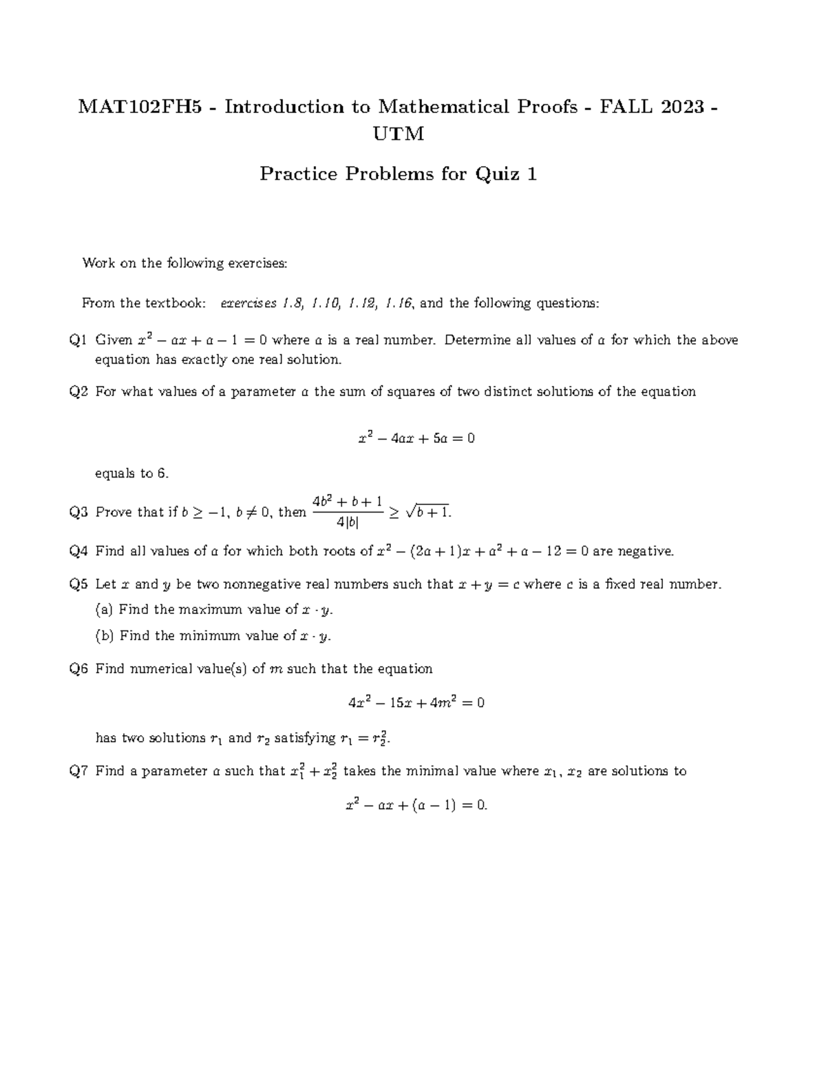 Practice Problems for Quiz 1 - MAT102FH5 - Introduction to Mathematical ...