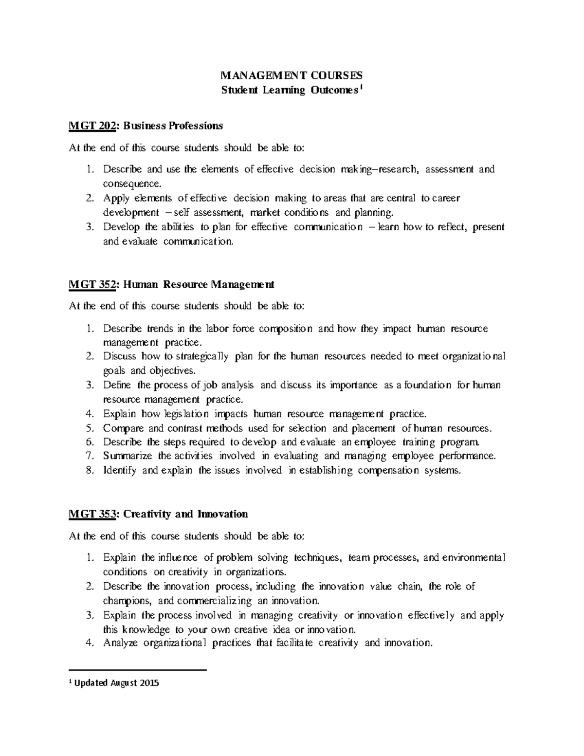 Management - MANAGEMENT COURSES Student Learning Outcomes 1 MGT 202 ...