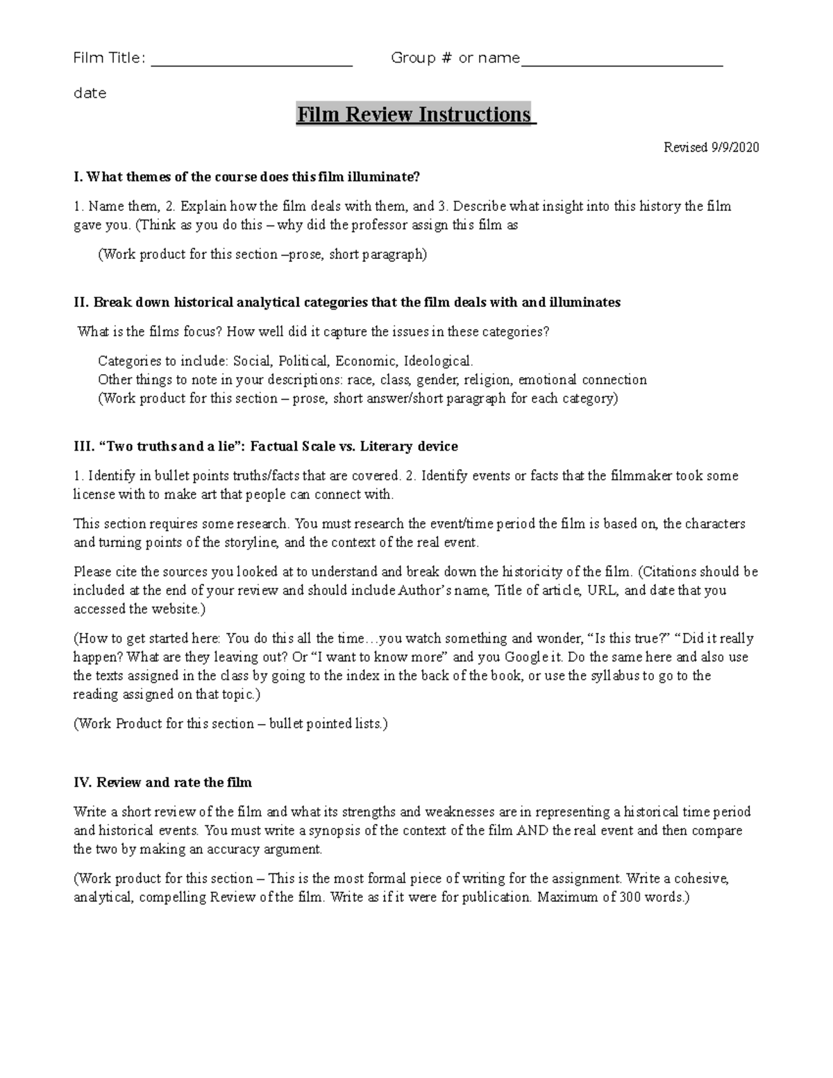 Work - lecture notes - date Film Review Instructions Revised 9/9/ I ...