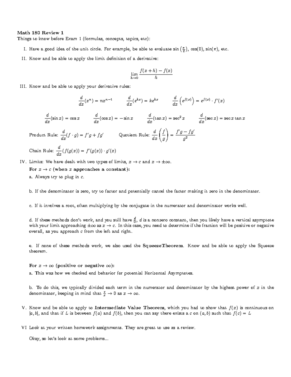 Math 180 Review 1 - Math 180 Review 1 Things to know before Exam 1 ...