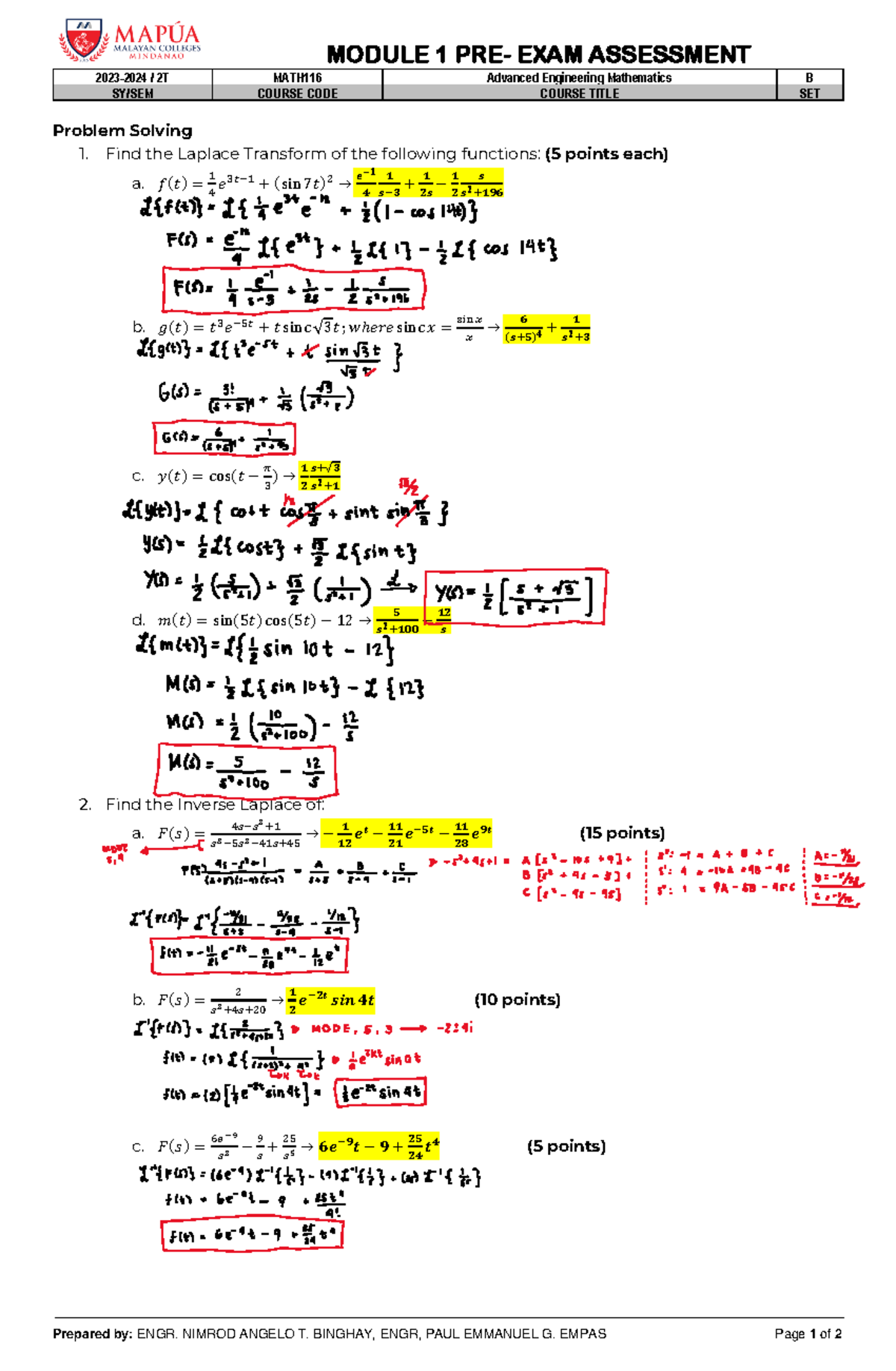 Pre-Exam AK - advance mathematics for civil engineer - MODULE 1 PRE- EXAM ASSESSMENT Prepared by ...
