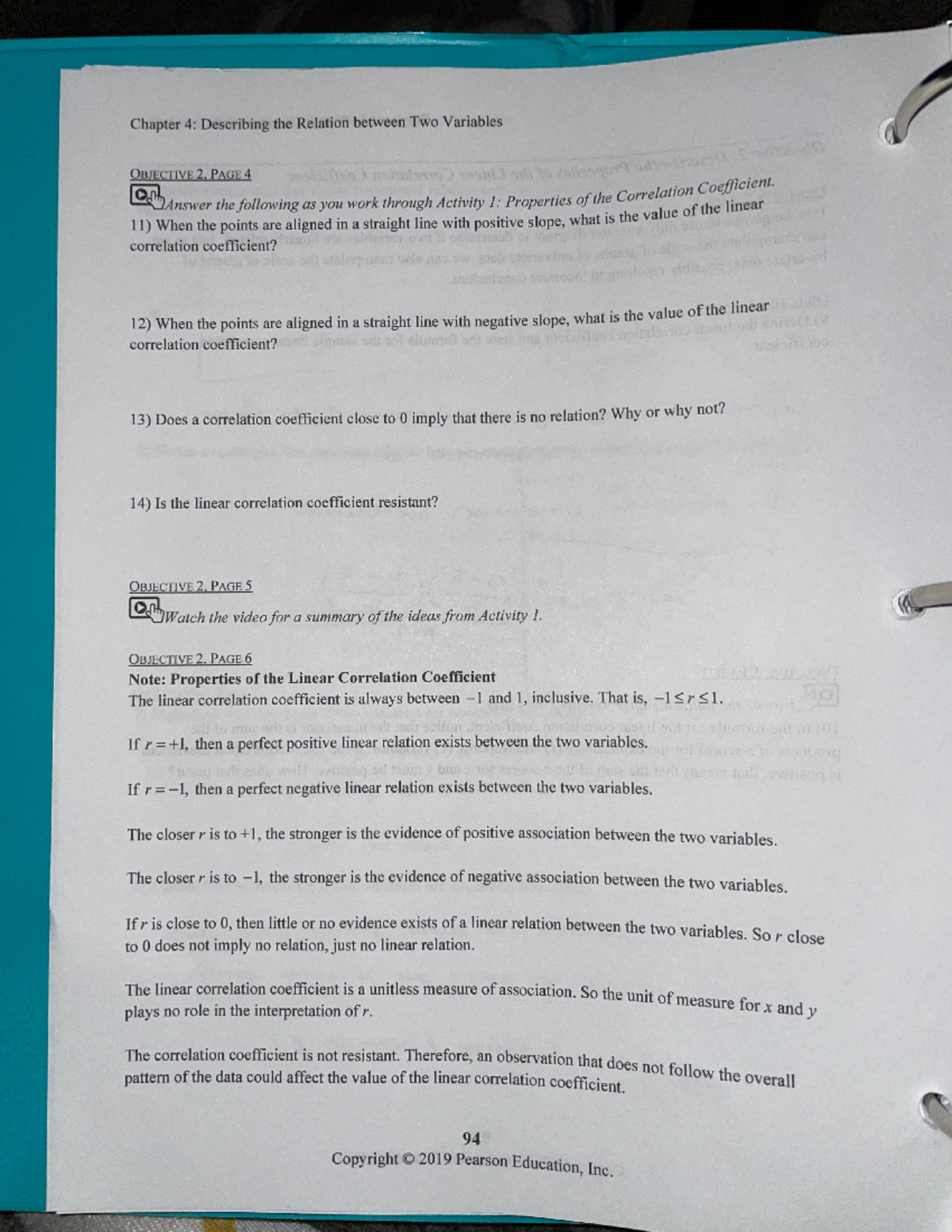 Chapter 4 section 1 page 5 - Chapter 4: Describing the Relation between Two Variables OBJECTIVE ...