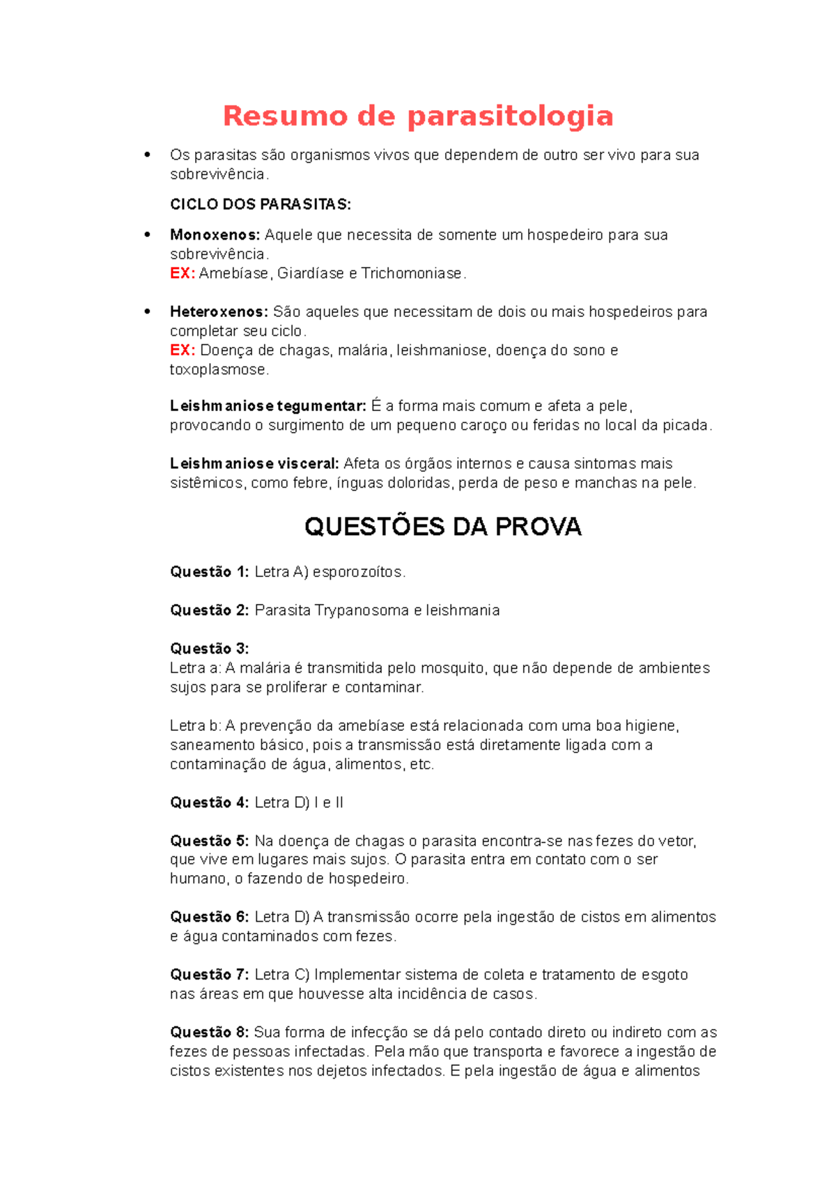 Resumo de parasitologia - CICLO DOS PARASITAS: Monoxenos: Aquele que ...