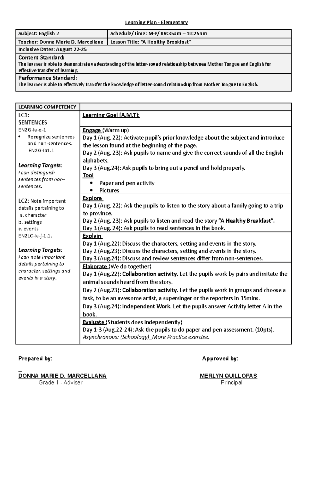 Grade-2-ENG.WEEK1 -D1 - Learning Plan - Elementary Subject: English 2 ...