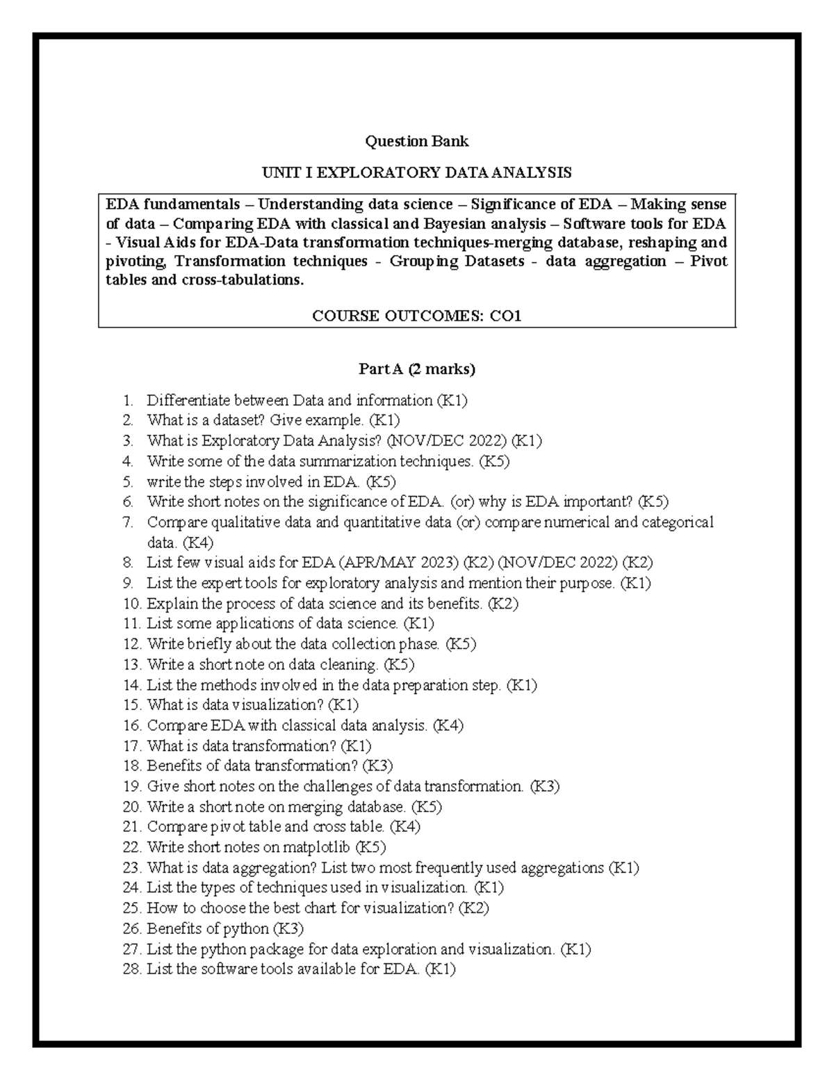 DEV-Unit 1-QB - Question bank - Question Bank UNIT I EXPLORATORY DATA ANALYSIS EDA fundamentals ...