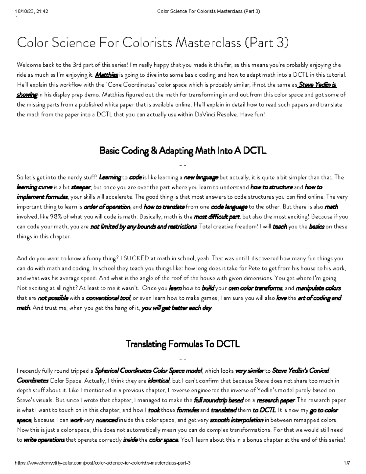 Color Science For Colorists Masterclass (Part 3) - Matthias is going to ...