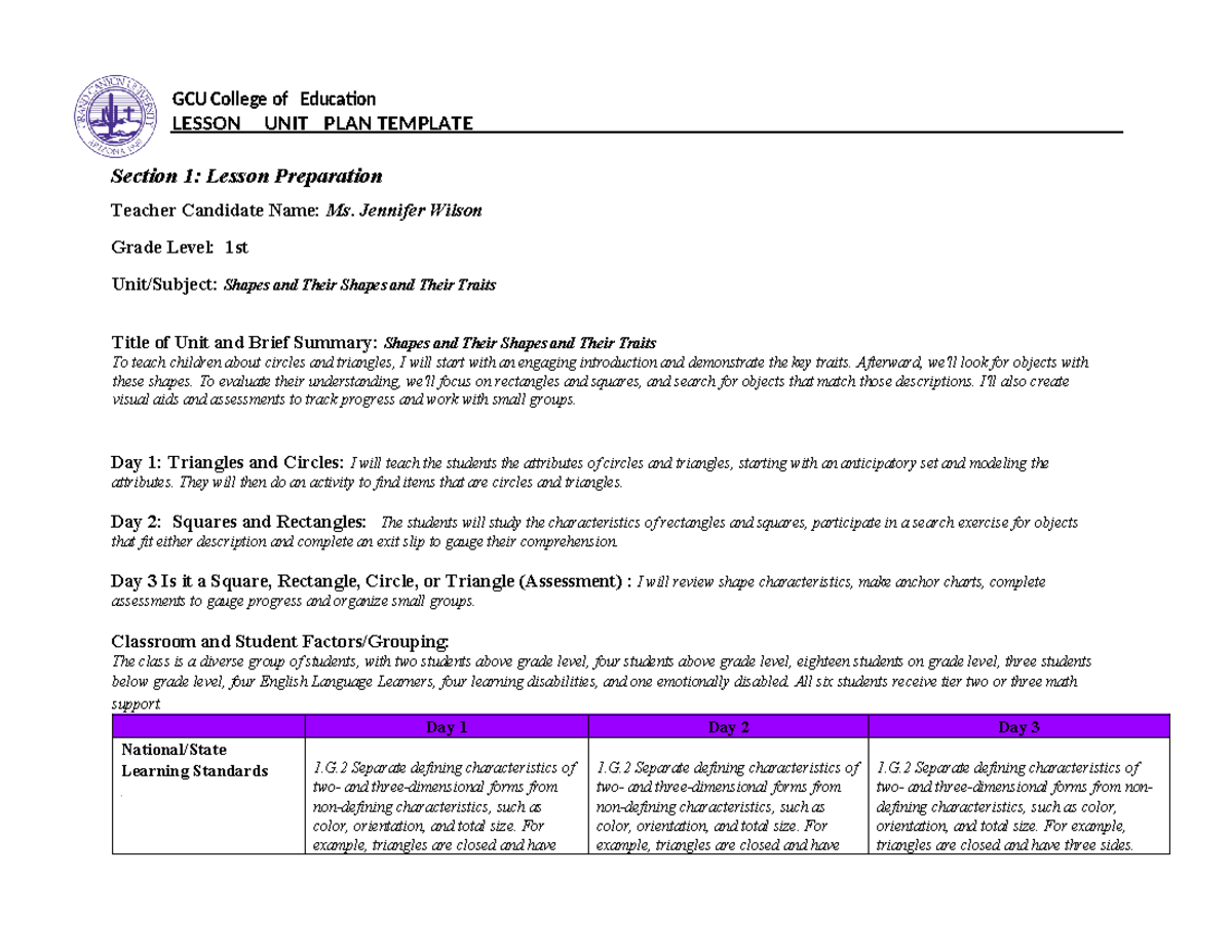 3 Day Unit Template - Section 1: Lesson Preparation Teacher Candidate ...