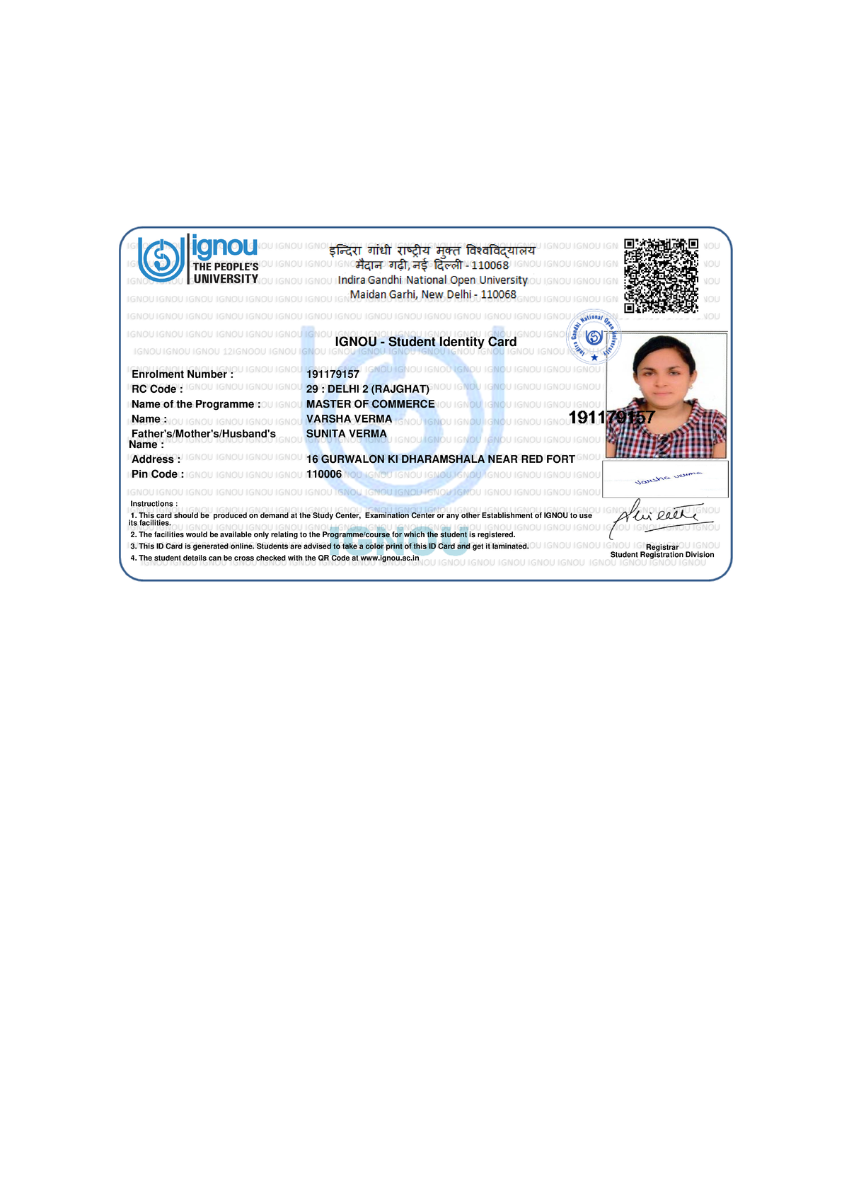 Varsha id card ignou - IGNOU - Student Identity Card Enrolment Number ...