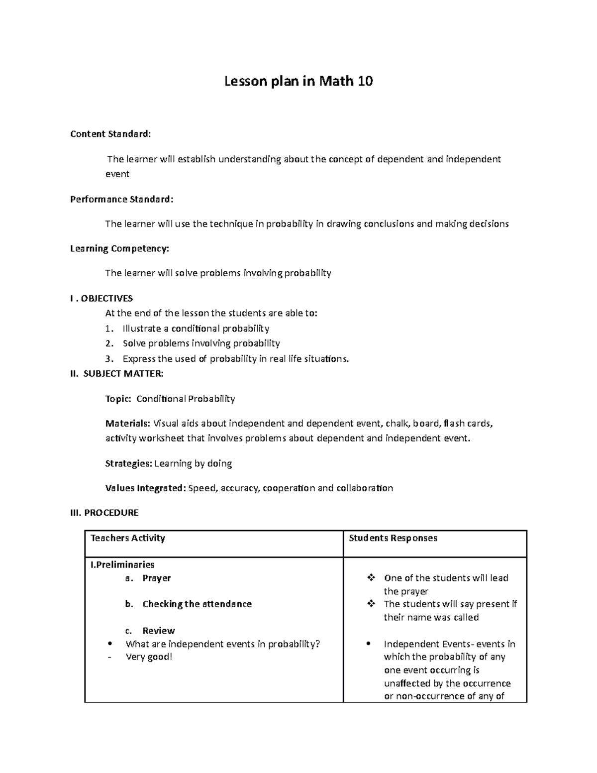 Lesson Plan Conditional probability 2 - Lesson plan in Math 10 Content ...