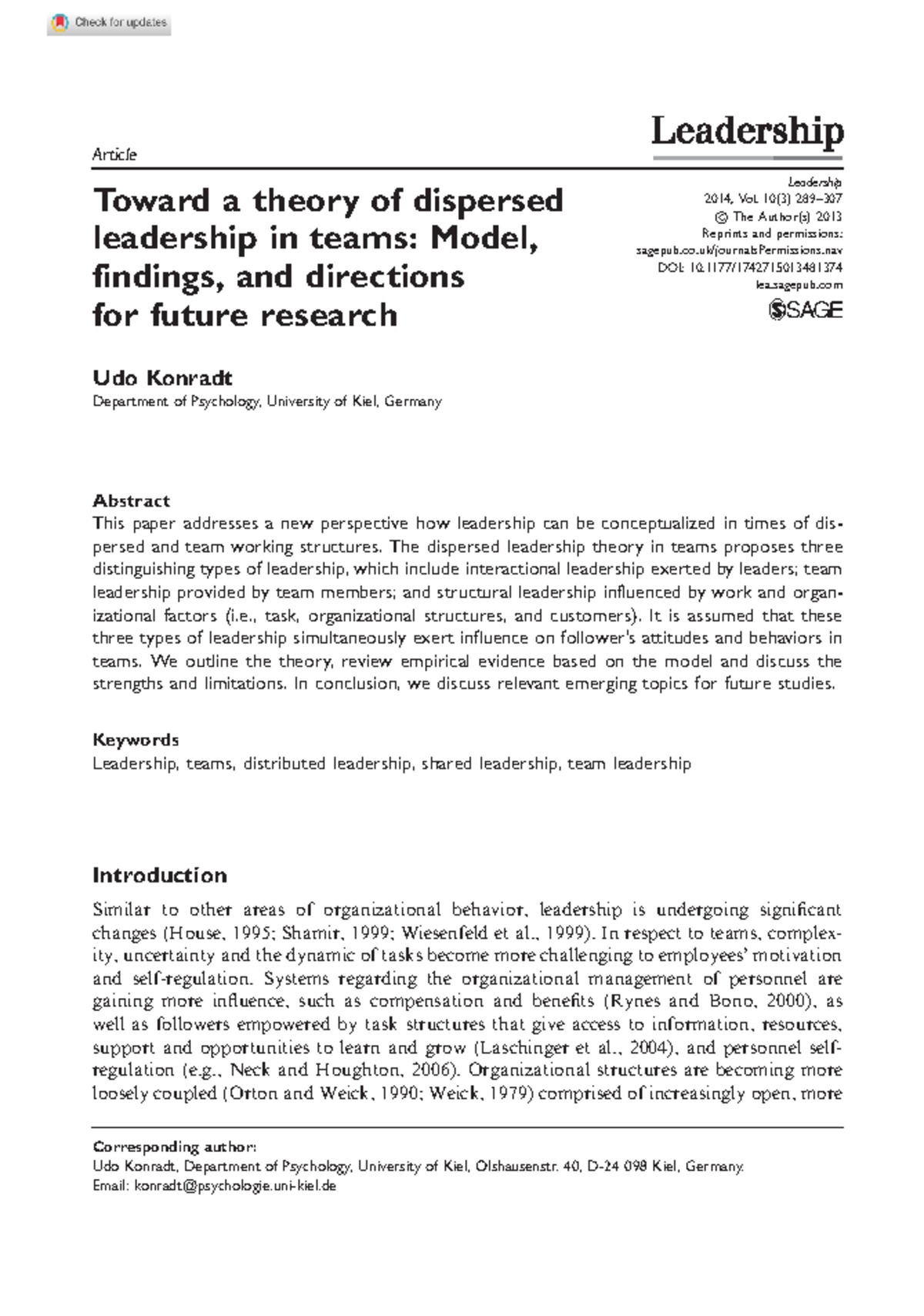 Toward a theory of dispersed leadership in teams Model findings and ...