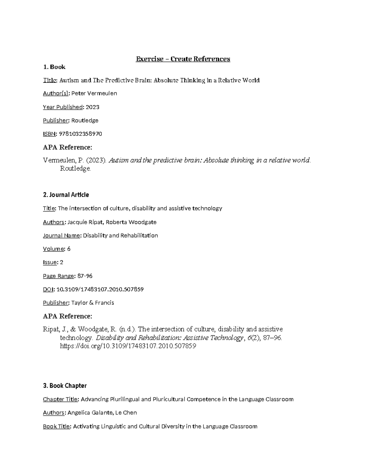 Citation building exercise- EDUC 250 - Exercise – Create References ...