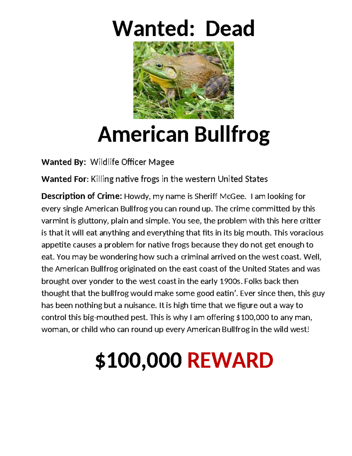 Wanted Poster Example - Skxmmxmxmz - Wanted: Dead American Bullfrog ...