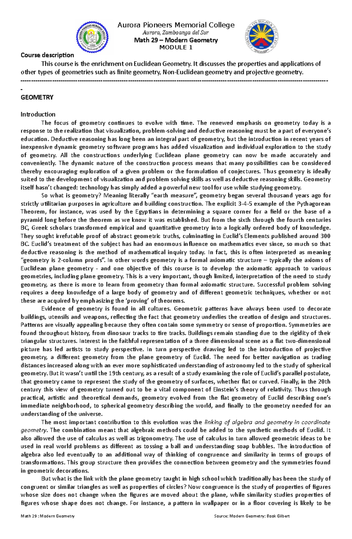 Math 29 - Modern Geometry (Module 1) - Aurora Pioneers Memorial College Aurora, Zamboanga del ...