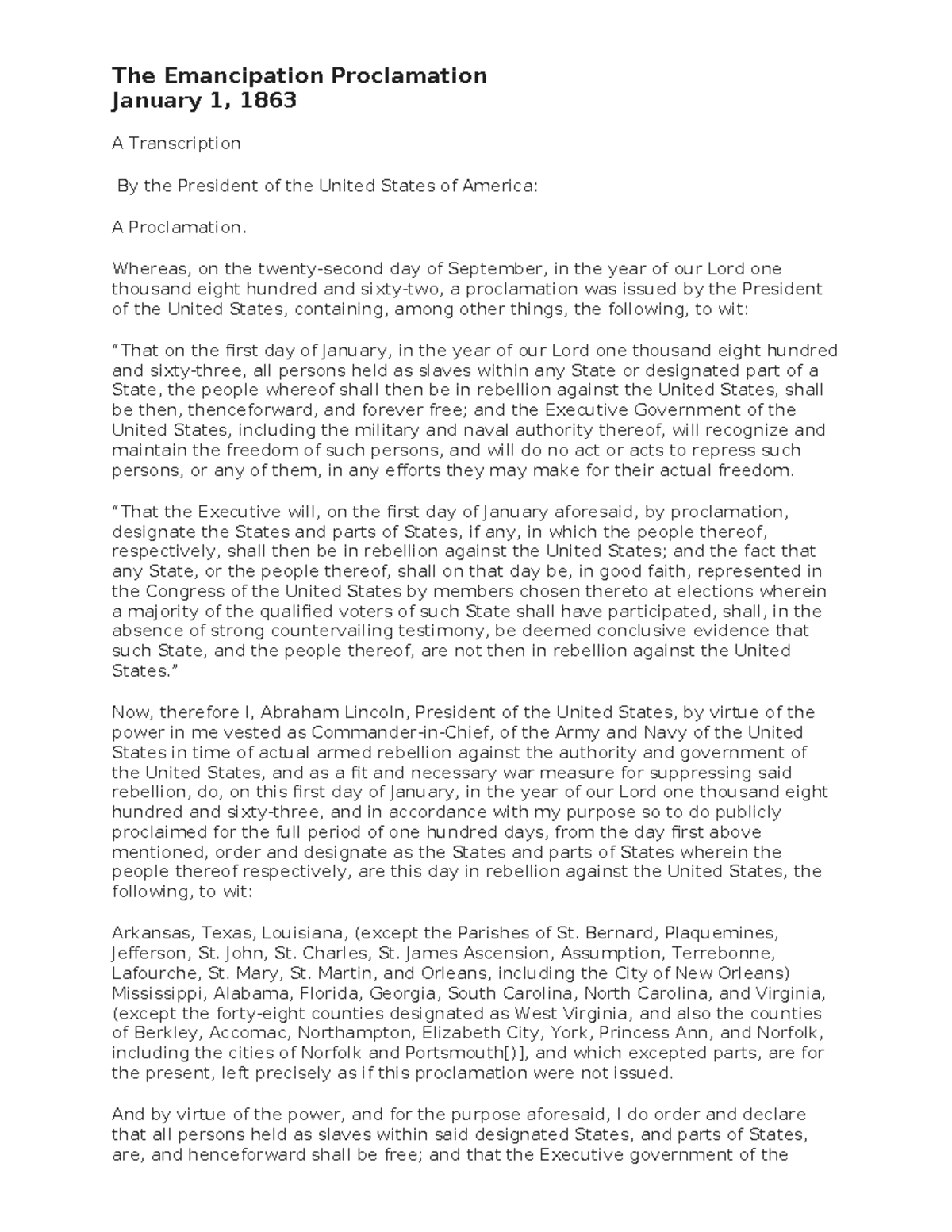 The Emancipation Proclamation - The Emancipation Proclamation January 1 ...