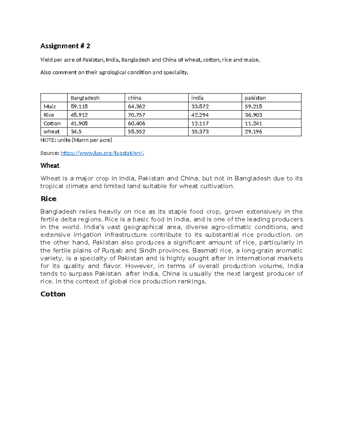 Agg assignment - Assignment # 2 Yield per acre of Pakistan, India ...