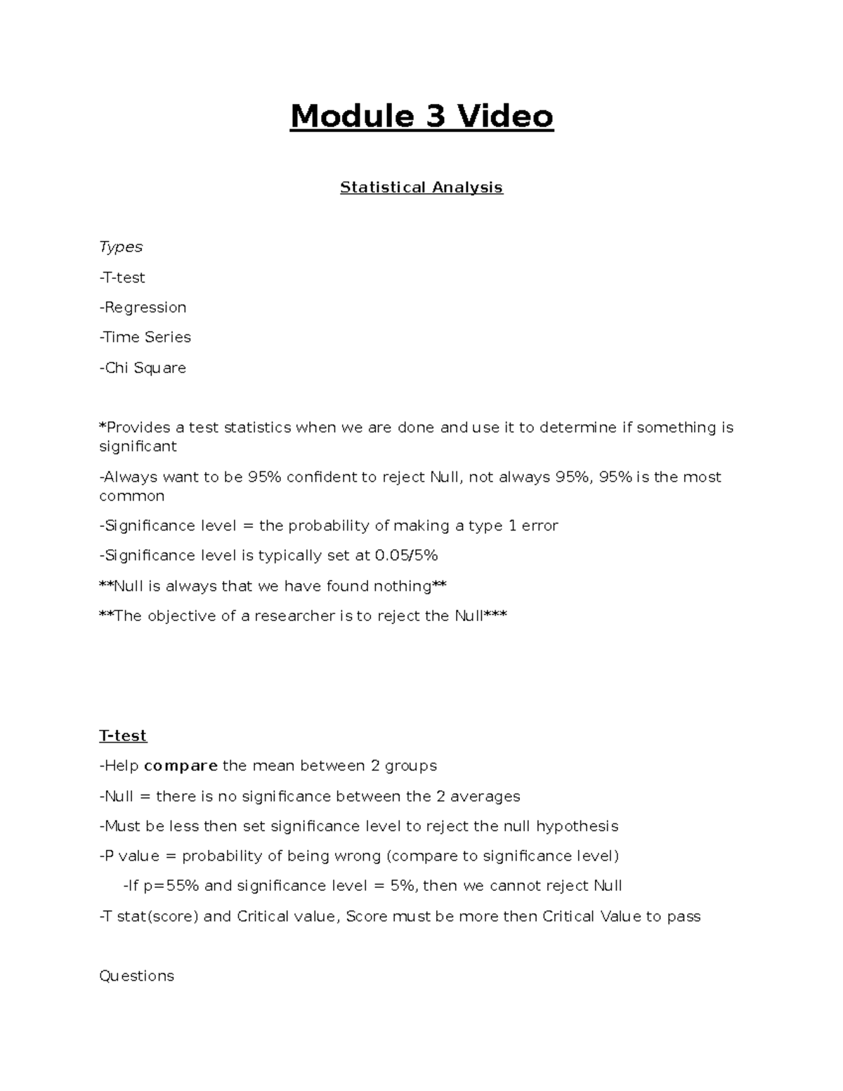 Module 3 Notes - N/A - Module 3 Video Statistical Analysis Types -T ...