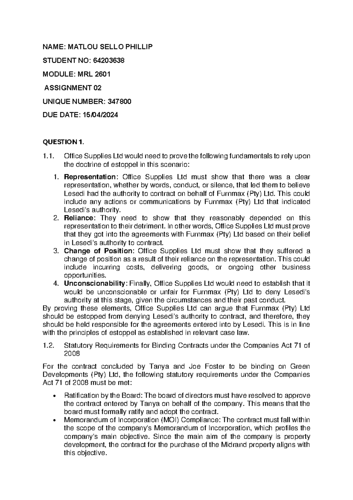 MRL 2601 Assignment 2 64203638 - NAME: MATLOU SELLO PHILLIP STUDENT NO: 64203638 MODULE: MRL ...