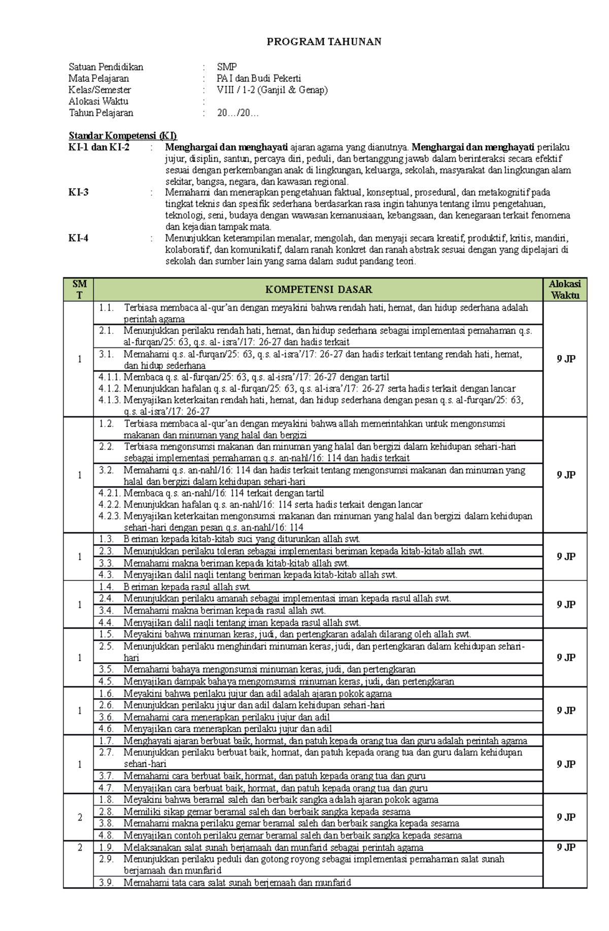 Centralpendidikan.com Program Tahunan - PROGRAM TAHUNAN Satuan Pendidikan : SMP Mata Pelajaran ...