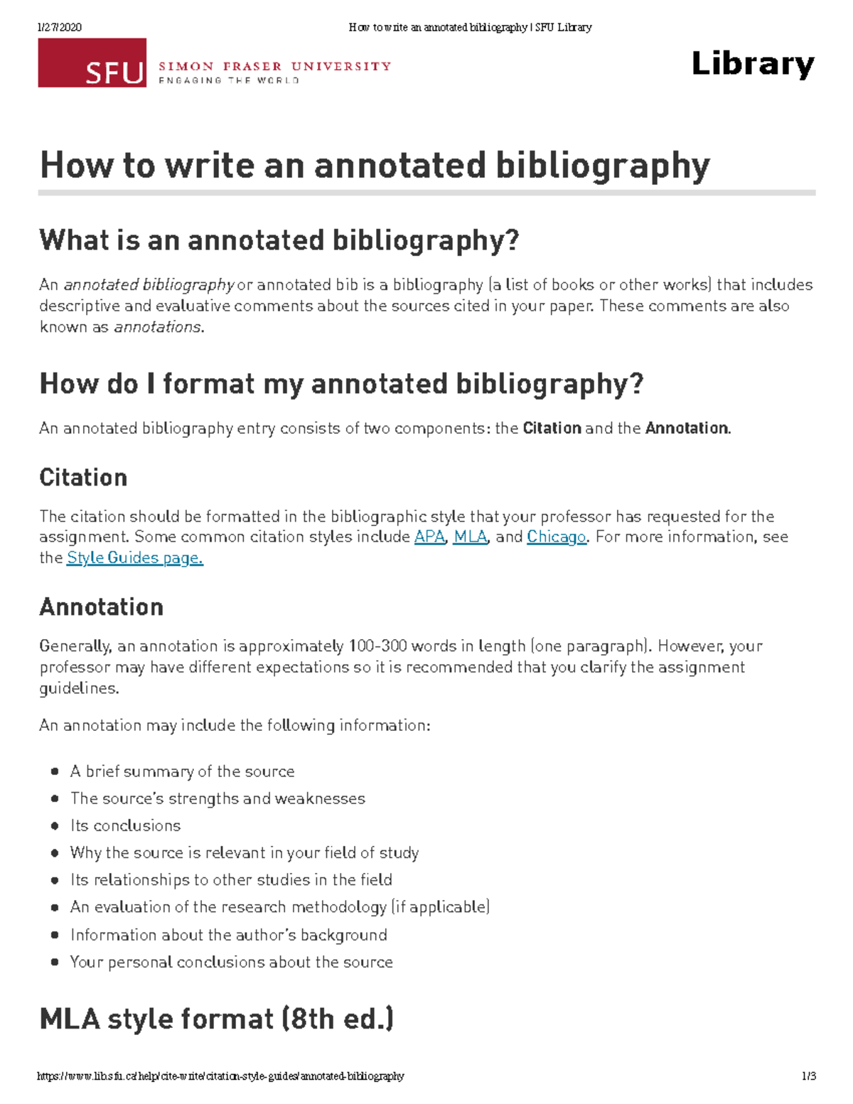 How to write an annotated bibliography SFU Library - - Studocu