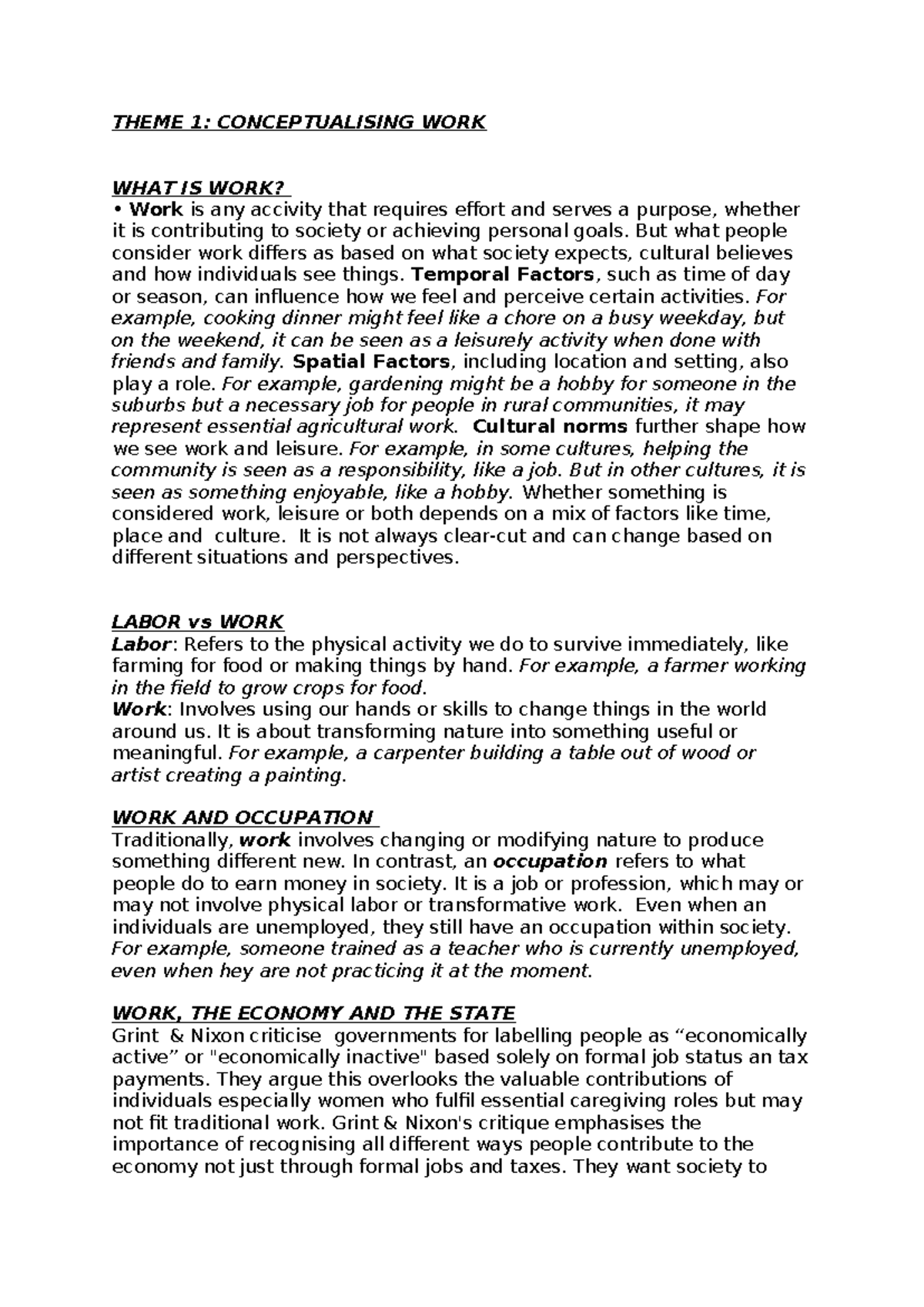 Sociology Test Notes ( Updated Version) - THEME 1: CONCEPTUALISING WORK ...