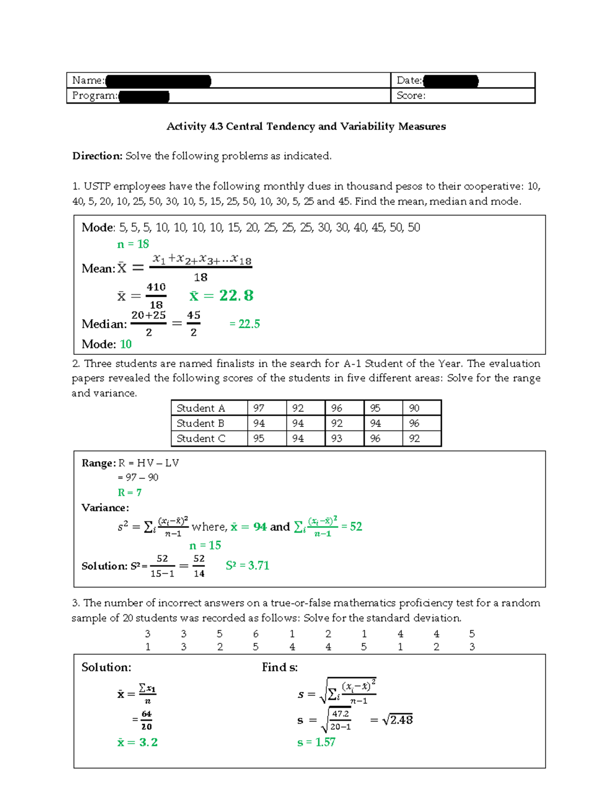 Activity 4 - Central Tendency and Variability Measures - Name: Cristy ...