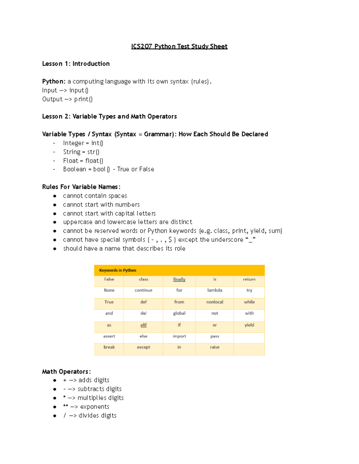 ICS2O7 Python Test Study Sheet - ICS2O7 Python Test Study Sheet Lesson ...