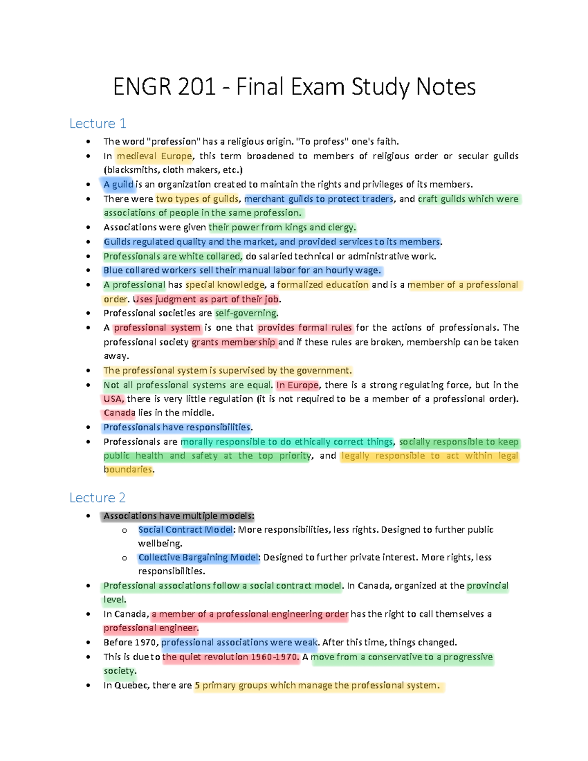 Final Exam Study Guide - ENGR 201 - Final Exam Study Notes Lecture 1 ...