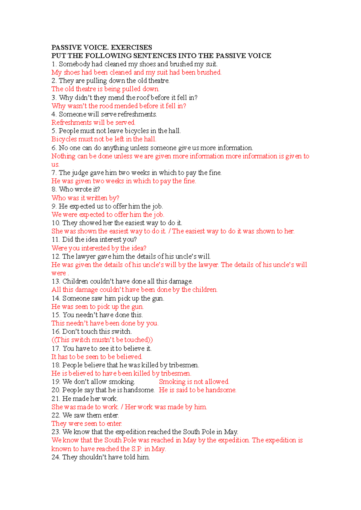 Passive Voice Exercises with answers - PASSIVE VOICE. EXERCISES PUT THE ...