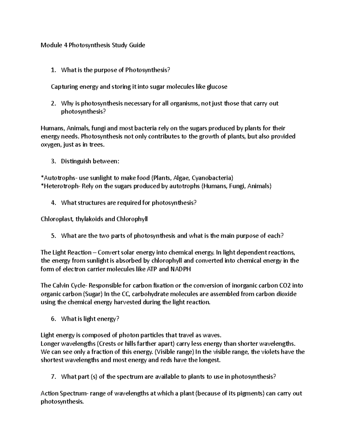 Module 4 Photosynthesis Study Guide - Photosynthesis not only ...