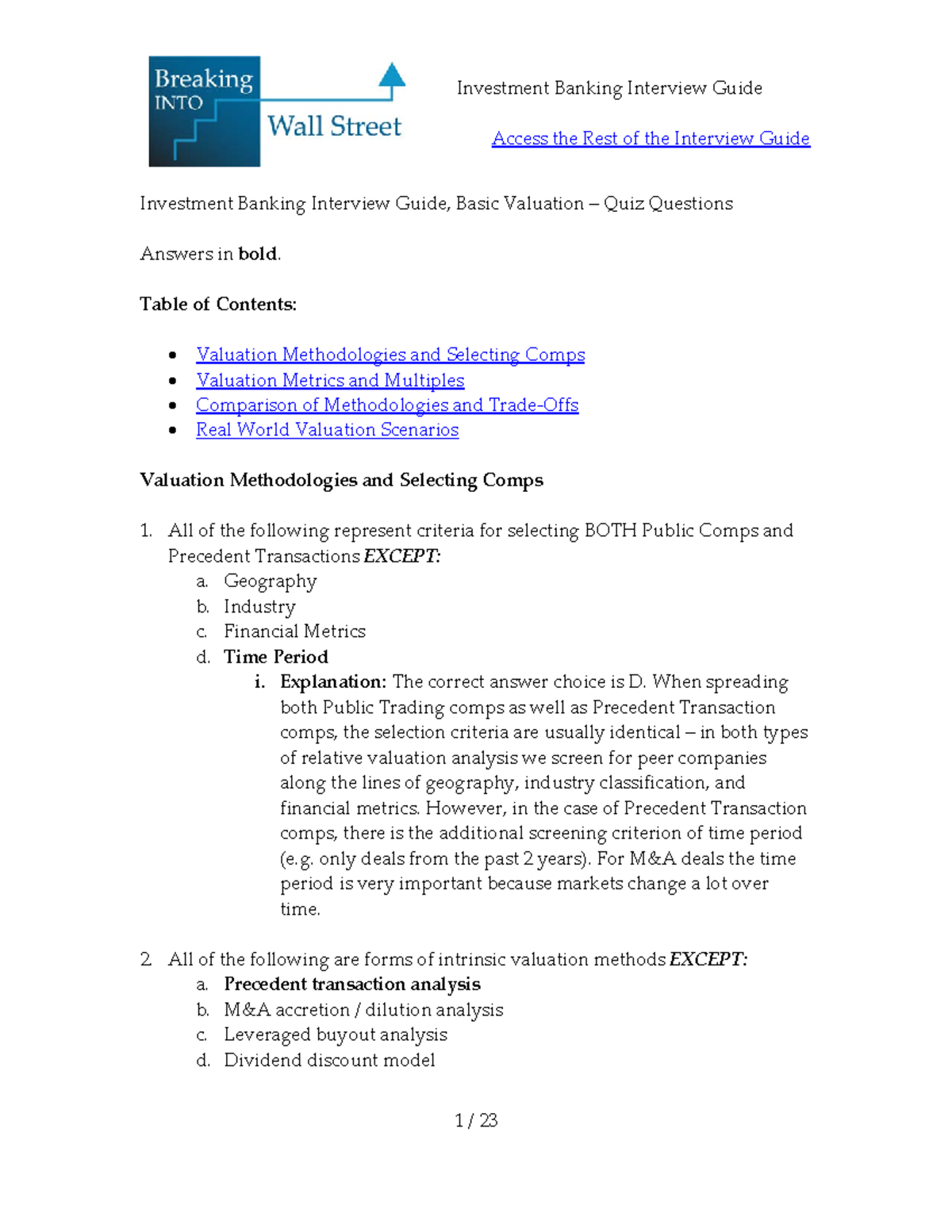 06 06 Valuation Quiz Questions Basic - Access the Rest of the Interview Guide Investment Banking ...