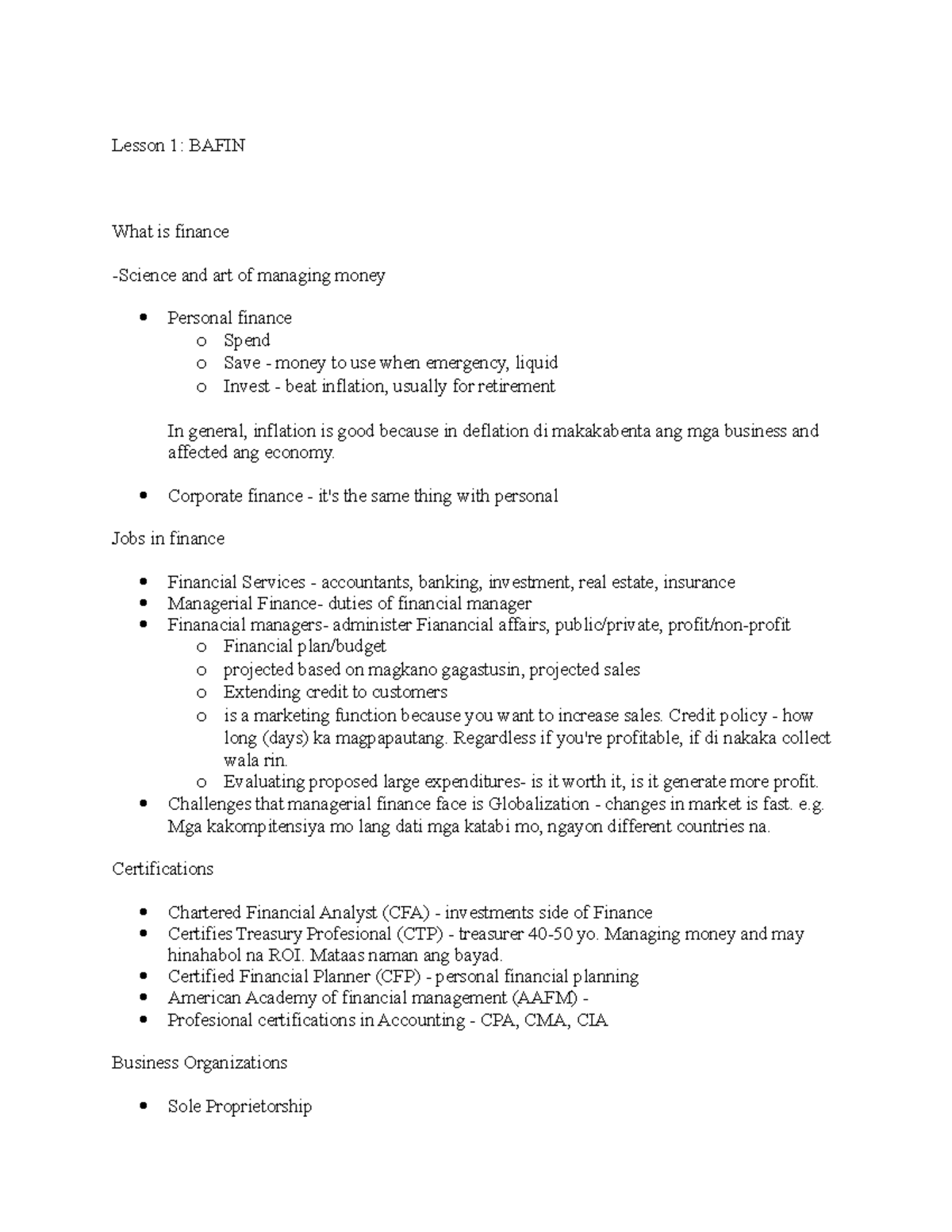 Bafin Lesson 1 Notes - Lesson 1: BAFIN What is finance -Science and art ...