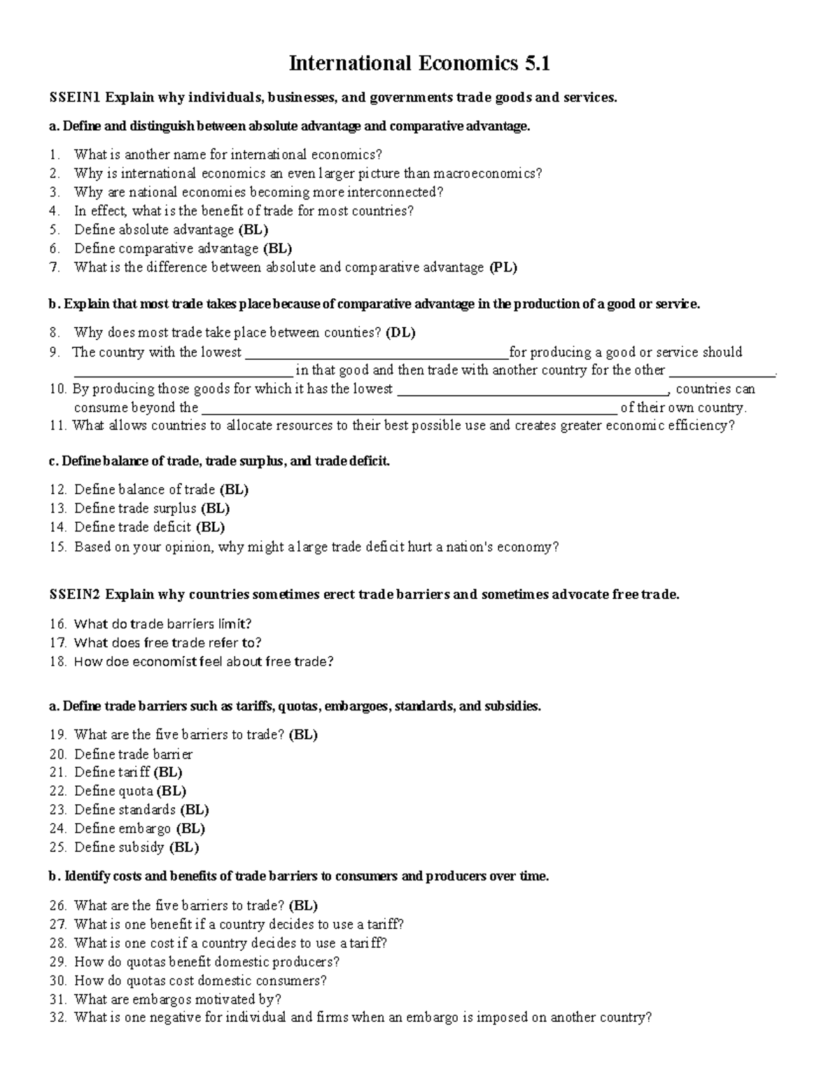 International Economics - SSEIN1 Explain why individuals, businesses ...