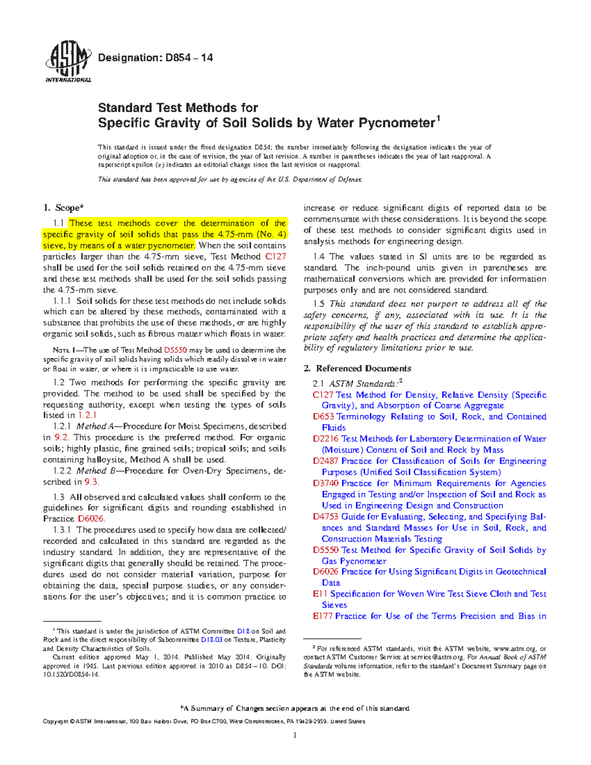 D 854-14-Specific Gravity of Soil Solids by Water Pycnometer - Designation: D854 − 14 Standard ...